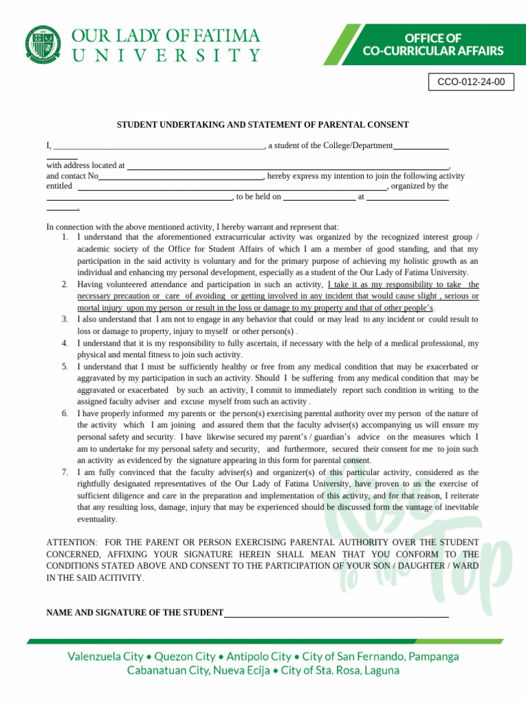 CCO 012 24 00 Student Undertaking and Statement of Parental Consent | PDF