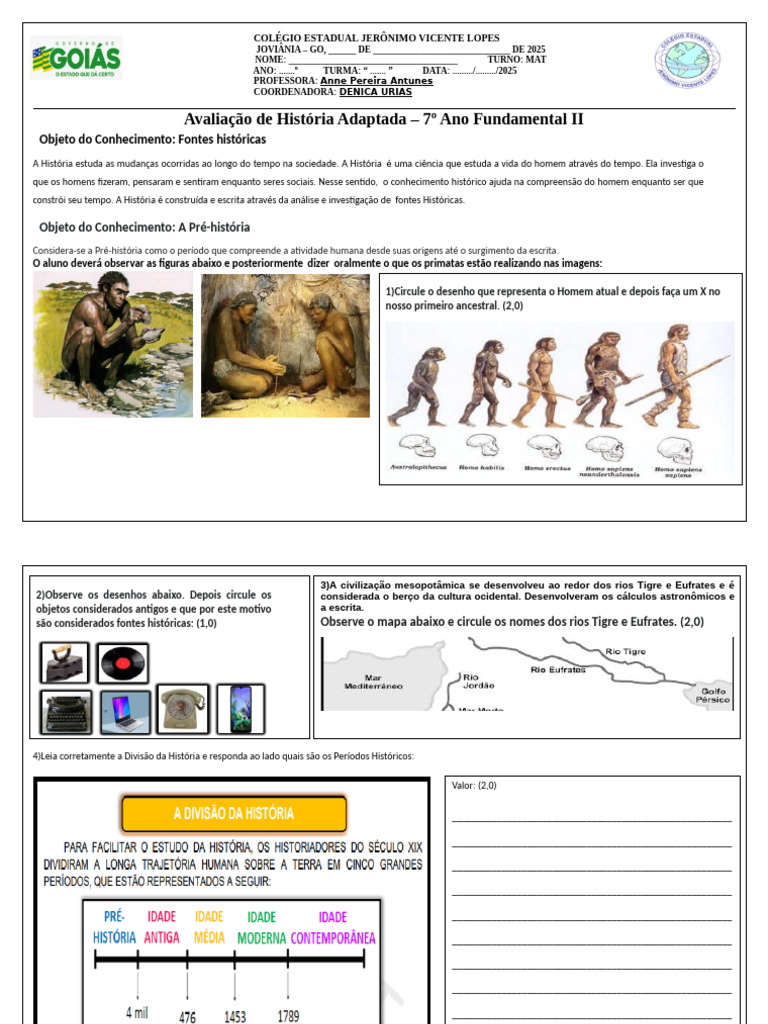 Prova Adaptada 7º Ano Hist I Bim | PDF | Escrita | Tempo