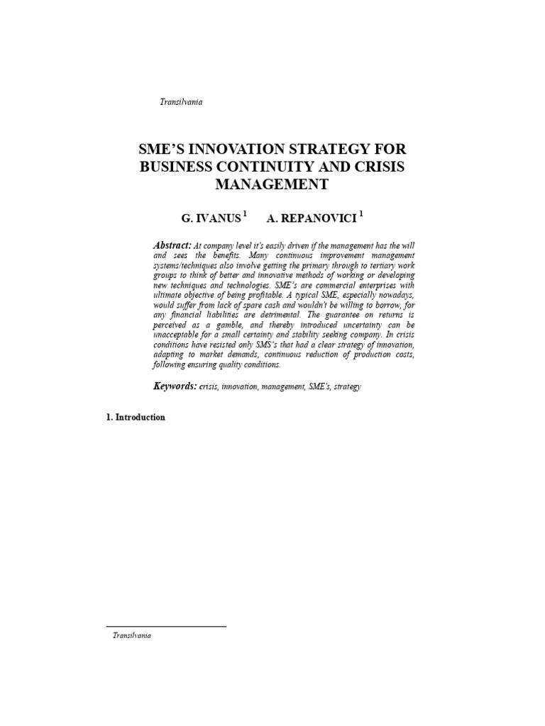 SME's Innovation Strategy For Business Continuity and Crisis Management ...