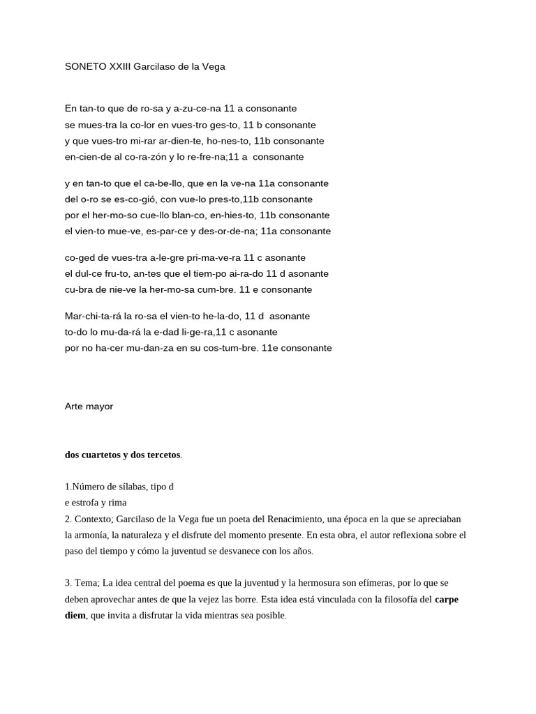 Comentario Del Soneto XXIII de Garcilaso de La Vega (Renacimiento ...