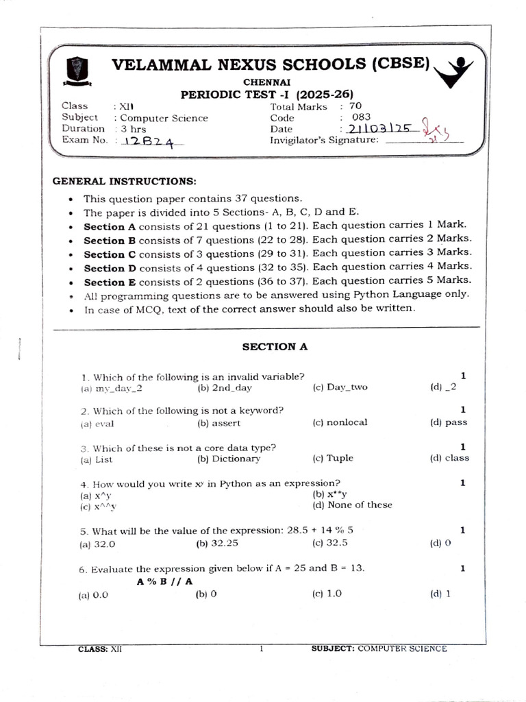 Velammal Class XII Computer Science Exam | PDF | Software Engineering ...