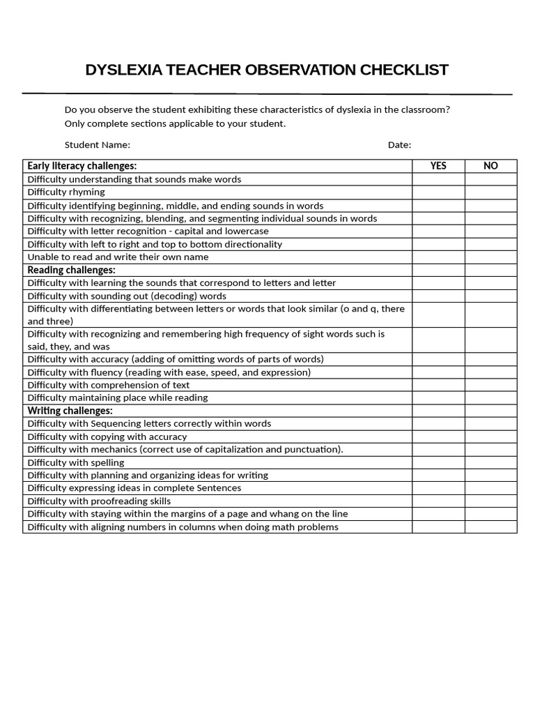TEACHER OBSERVATION CHECKLIST | PDF
