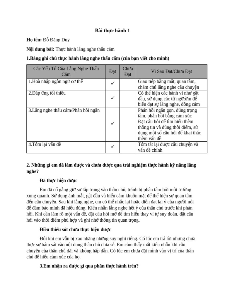 Bài TH1 Lắng nghe thấu cảm_ĐỖ ĐĂNG DUY (1) | PDF