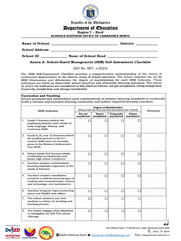 SBM Self Assessment Checklist 1 | PDF