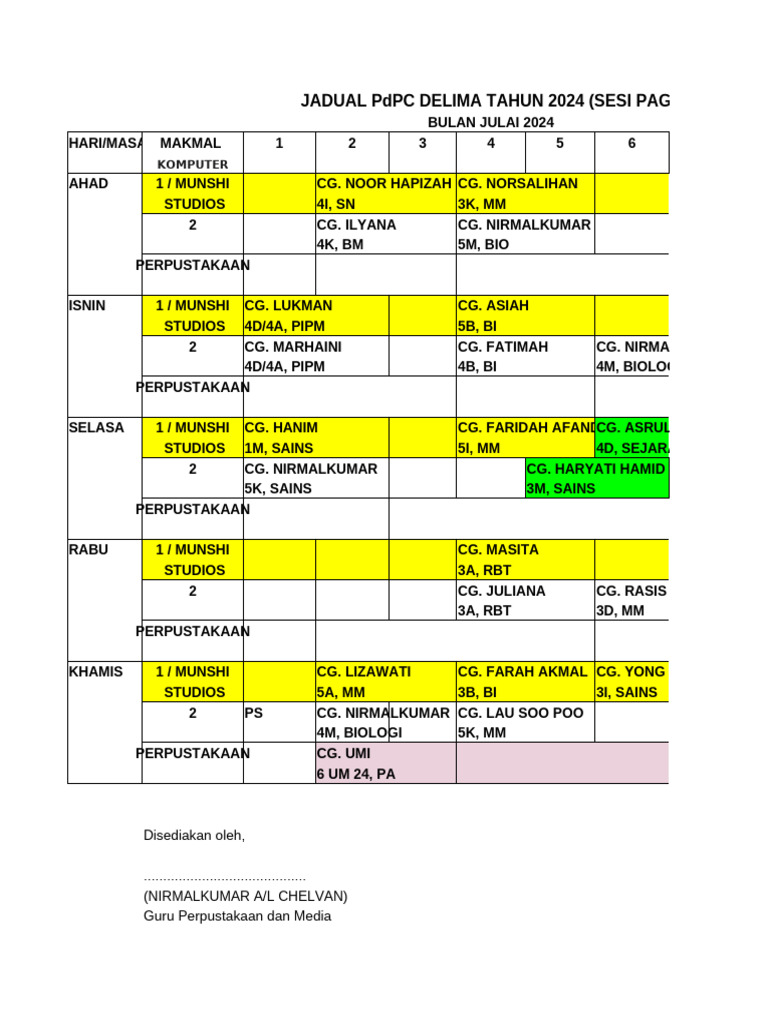 Jadual PDPC Delima Tahun 2024 (Sesi Pagi) | PDF