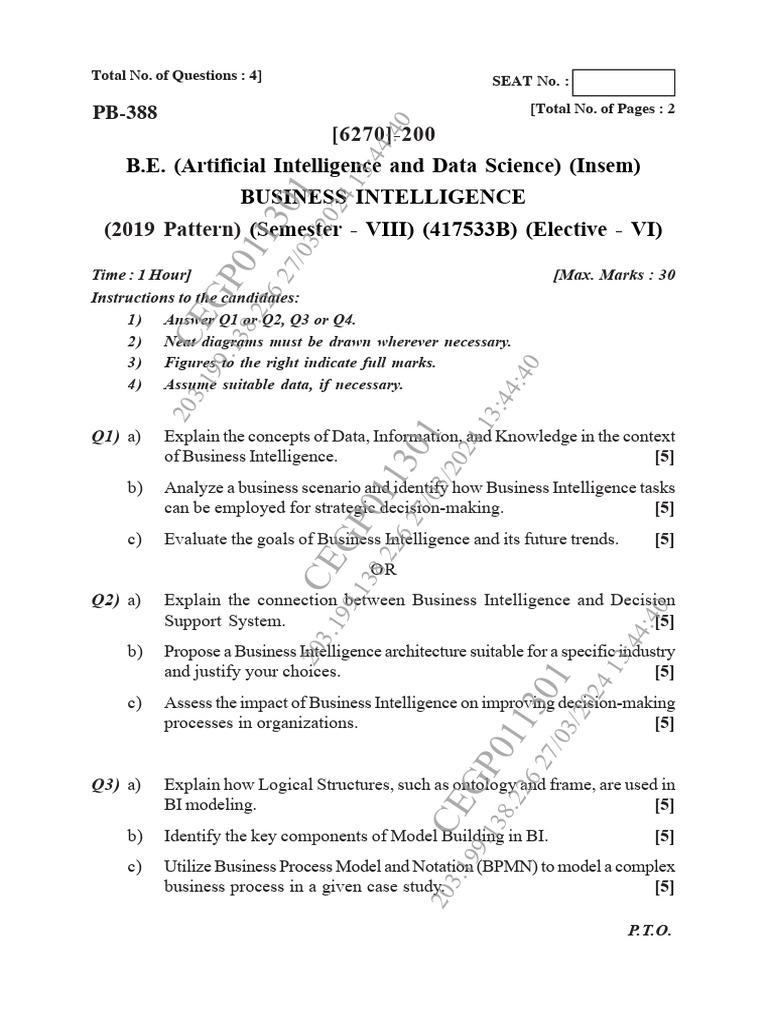 Business Intelligence Be Ai&Ds (Insem.) (2019 Pattern) (Semester Viii) (Elective Vi) March 24 ...