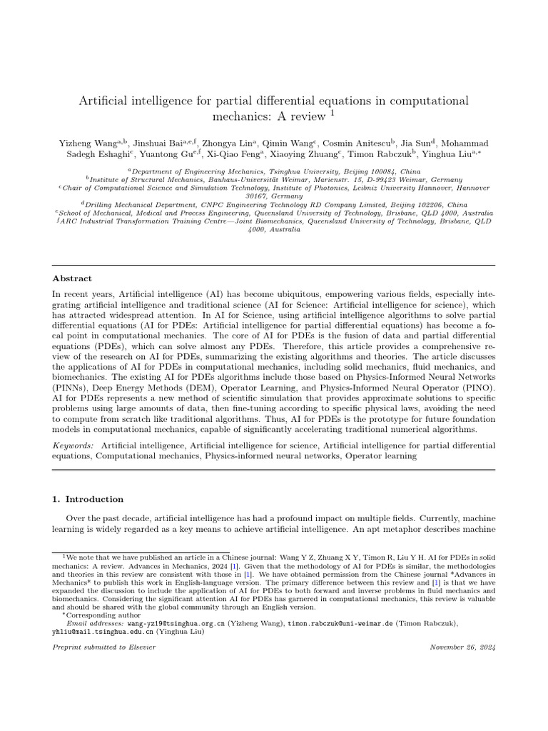 Artificial Intelligence For Partial Differential Equations in Computational Mechanics: A Review ...