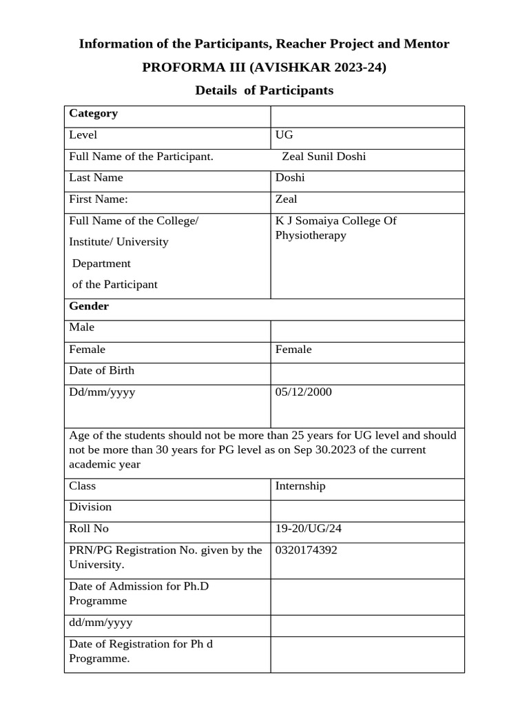 Avishkar Performa Form Ug Pg Ppg Pdf Abnormal Psychology Mental