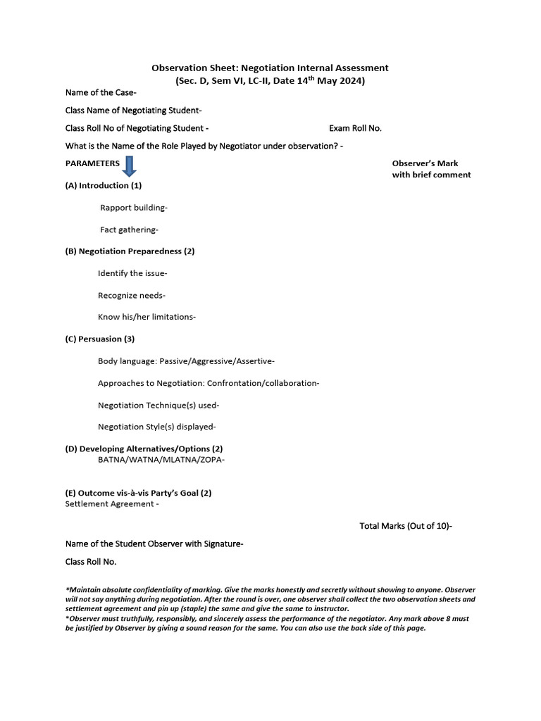 Observer Sheet Negotiation 2024 | PDF