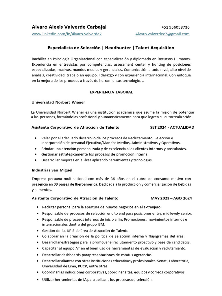 CV - Alvaro Valverde 2025 | PDF | Gestión de recursos humanos | Reclutamiento