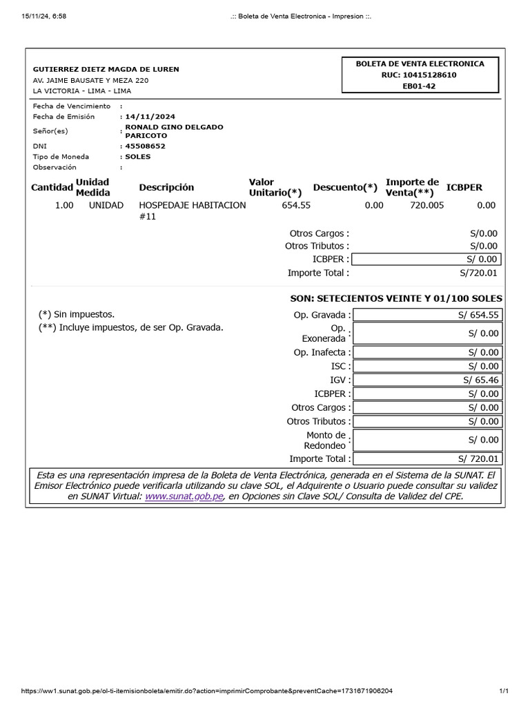 Boleta de Venta Electrónica Detallada | PDF