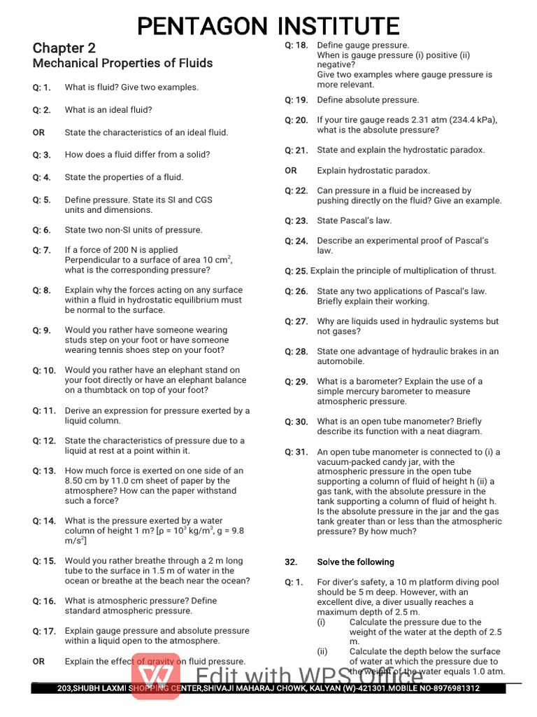 Chapter 2 Mechanical Properties of Fluids | PDF | Pressure | Surface ...