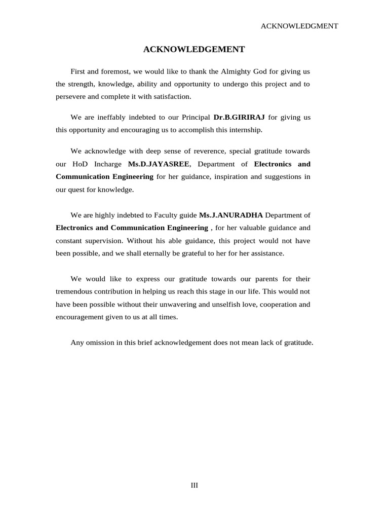 Acknowledgment for Internship Project | PDF