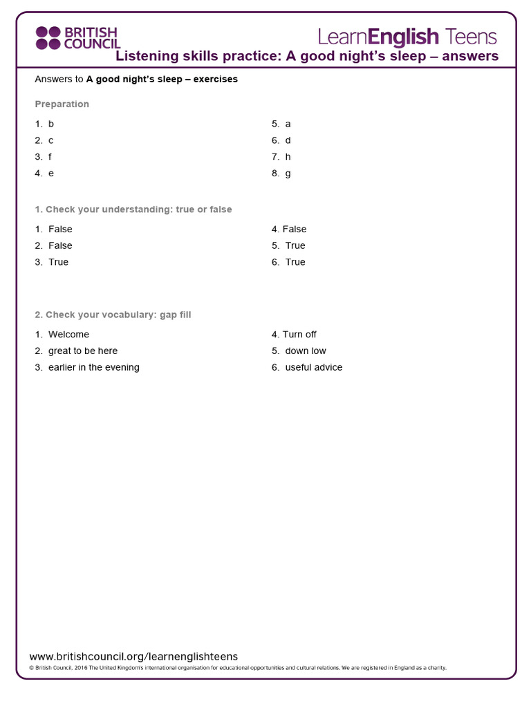 A Good Nights Sleep - Answers 0 | PDF