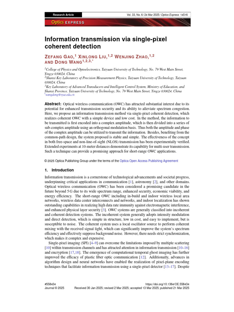 Information Transmission Via Single Pixel Coherent Detection Pdf