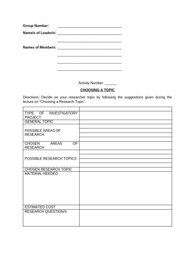 Activity Sheet Choosing A Research Topic | PDF