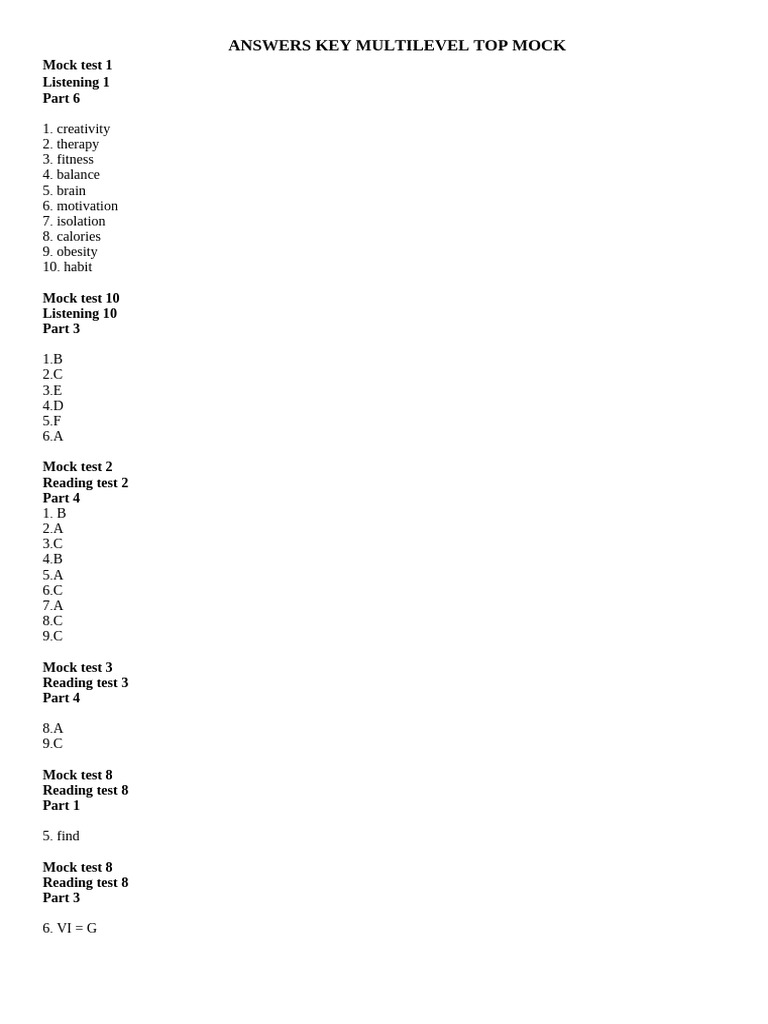 Multilevel Top Mock Answer Key | PDF