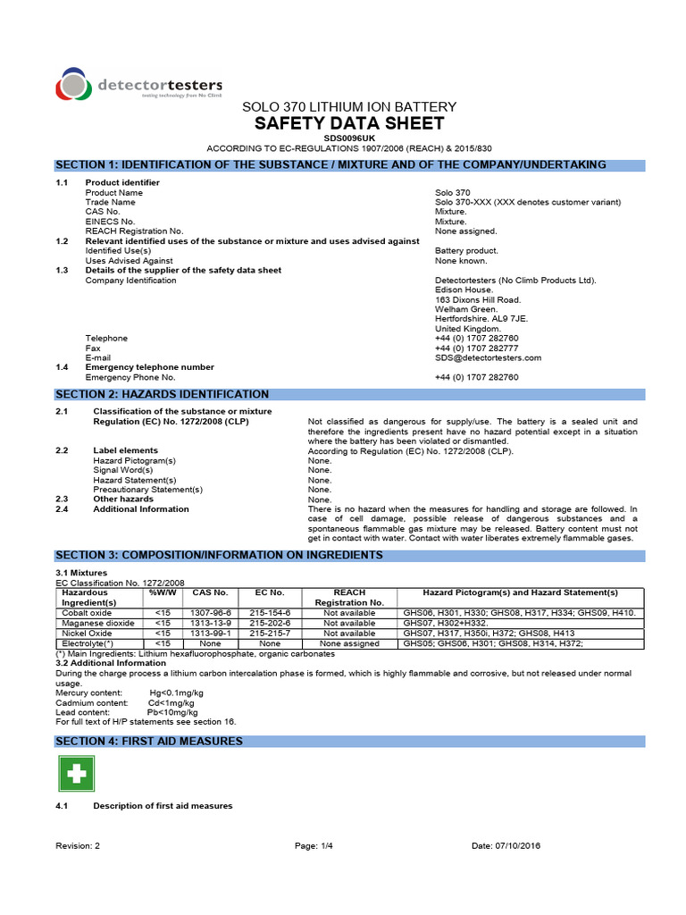 3554 - SOLO 365 370 Li Ion Battery MSDS | PDF | Occupational Safety And Health | Chemistry