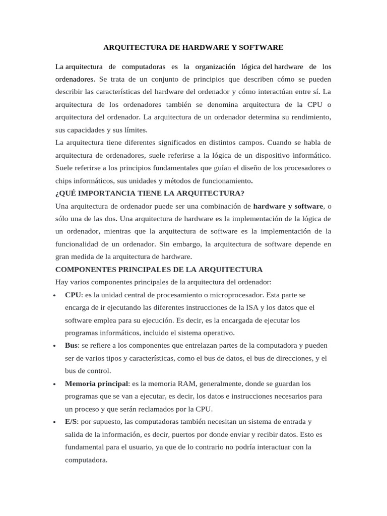 Arquitectura de Hardware y Software | PDF | Hardware de la computadora | Unidad Central de ...