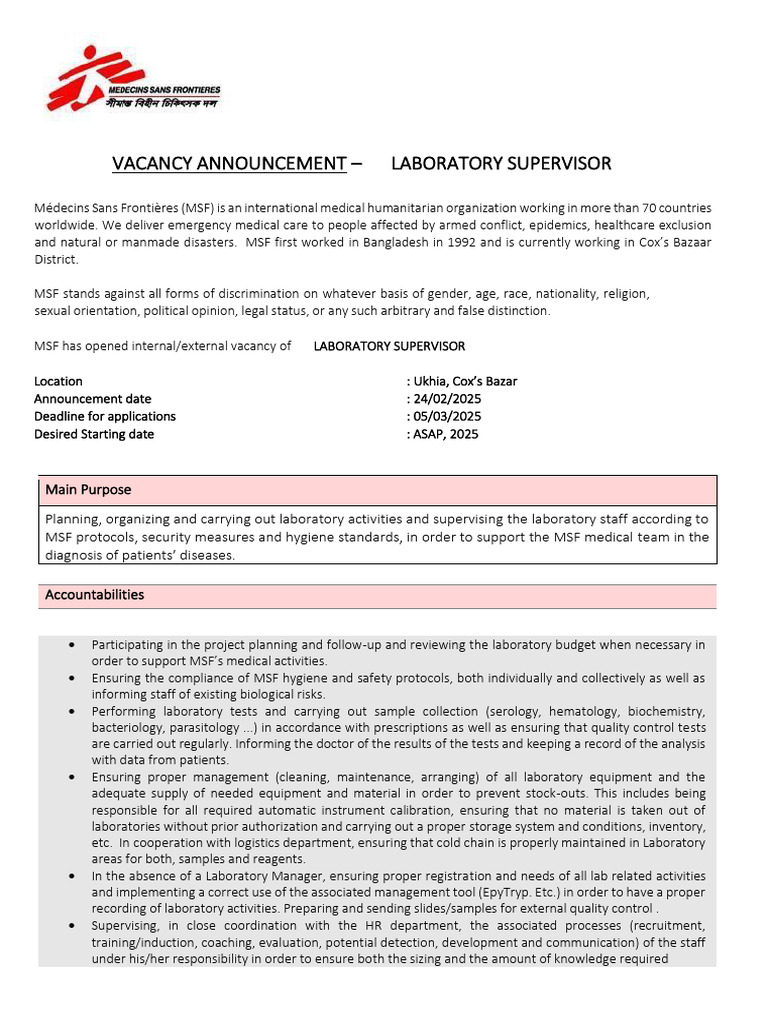 2025 - BD - Job Vacancy Lab Sup | PDF | Laboratories | Médecins Sans ...