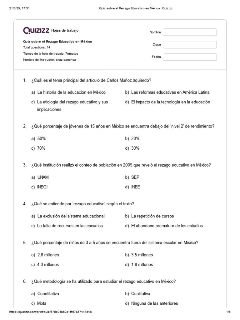 Quiz Sobre El Rezago Educativo en México - Quizizz | PDF | México