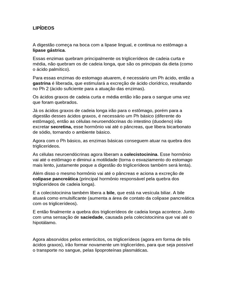 Digestão de Lipídios: Processos e Hormônios | PDF