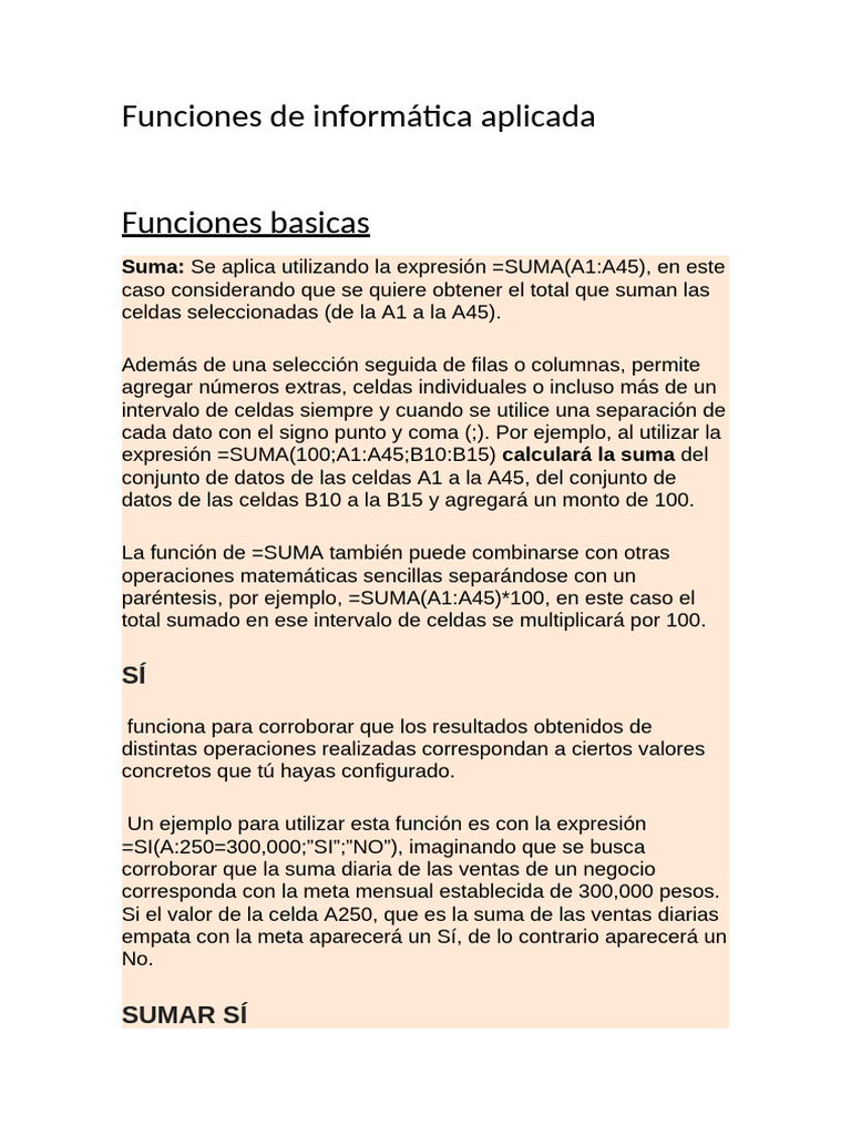 Funciones de Informática Aplicada | PDF | Hoja de cálculo | Microsoft Excel