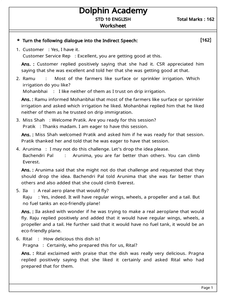 Direct Indirect Worksheet - Solution | PDF