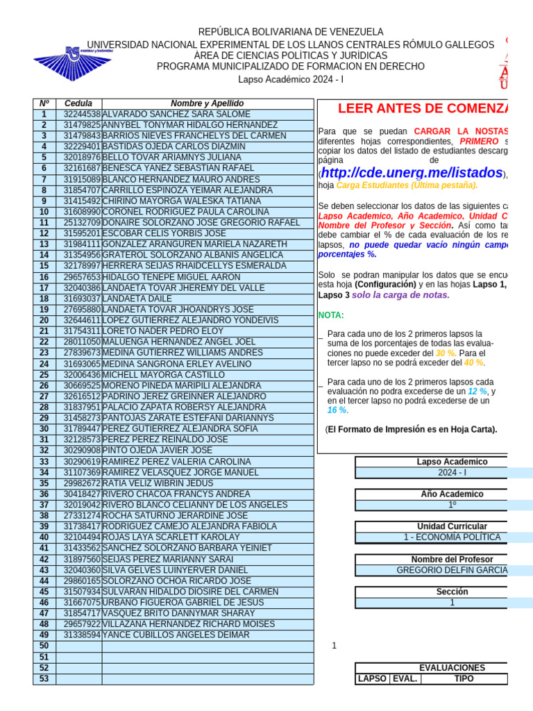 Formato para Cargar Notas Por Lapso y Definitiva Seccion 1 | PDF | Ciencias Políticas