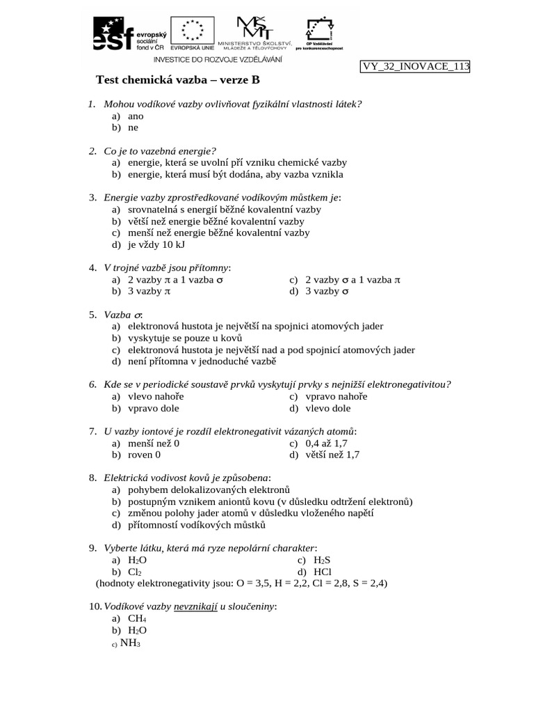 Test Chemická Vazba B | PDF