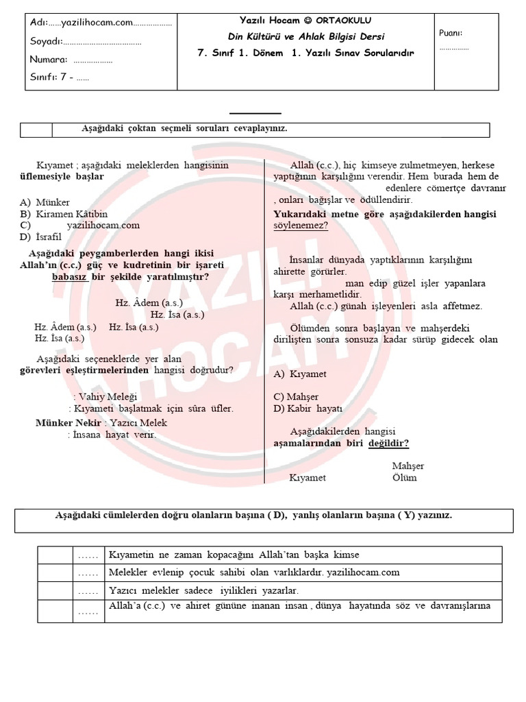 --yazilihocam.com---7.SINIF DKAB 1.DÖNEM 1.YAZILI SORULARI-3 | PDF