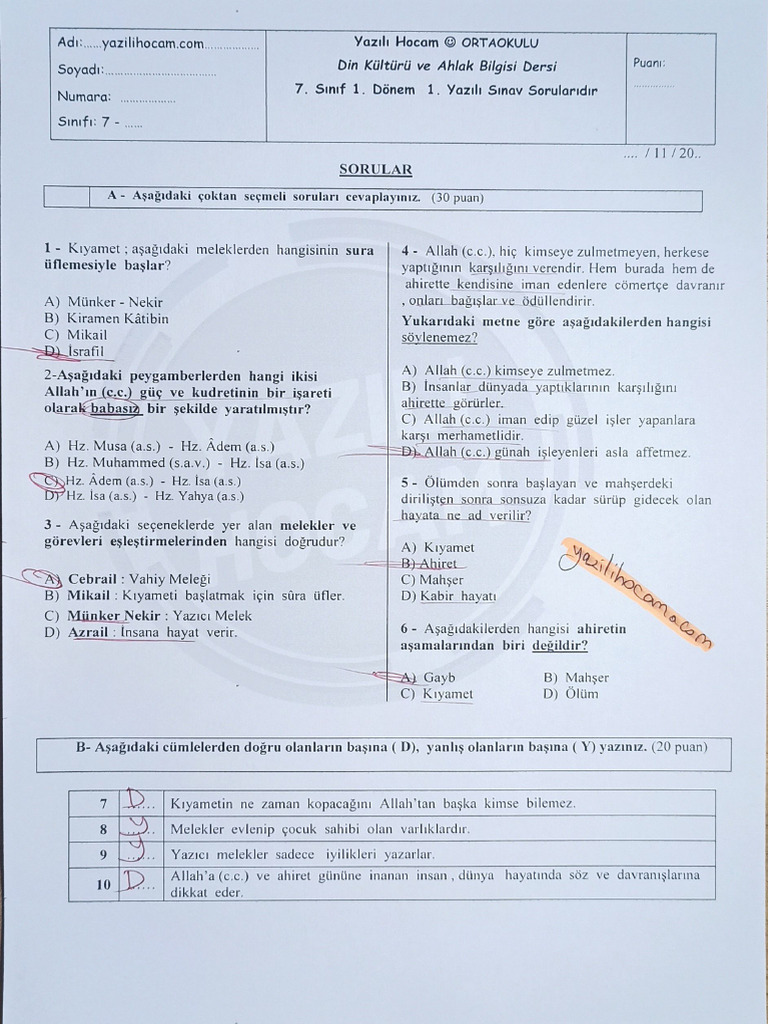 Cevaplar-7.sinif Dkab 1.dönem 1.yazili Sorulari-3 | PDF