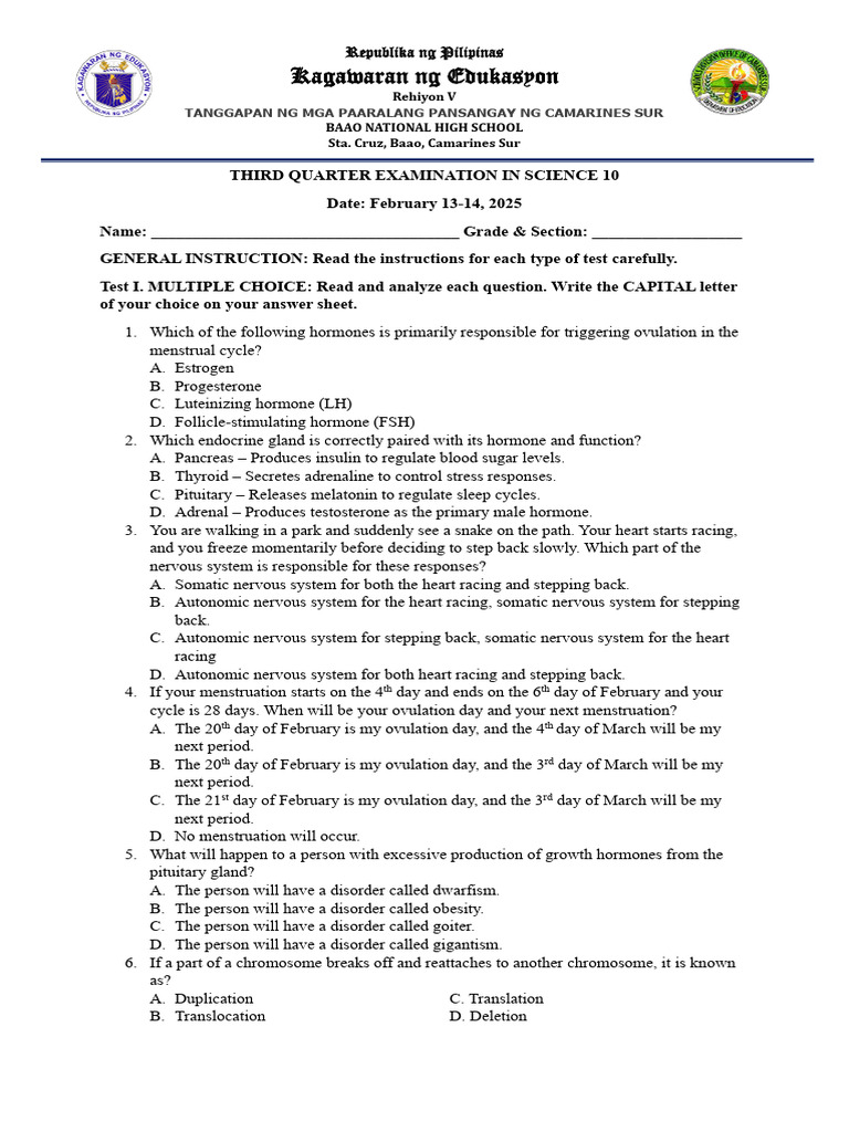 Third Quarter Examination in Science 10 | PDF | Menstrual Cycle | Hormone