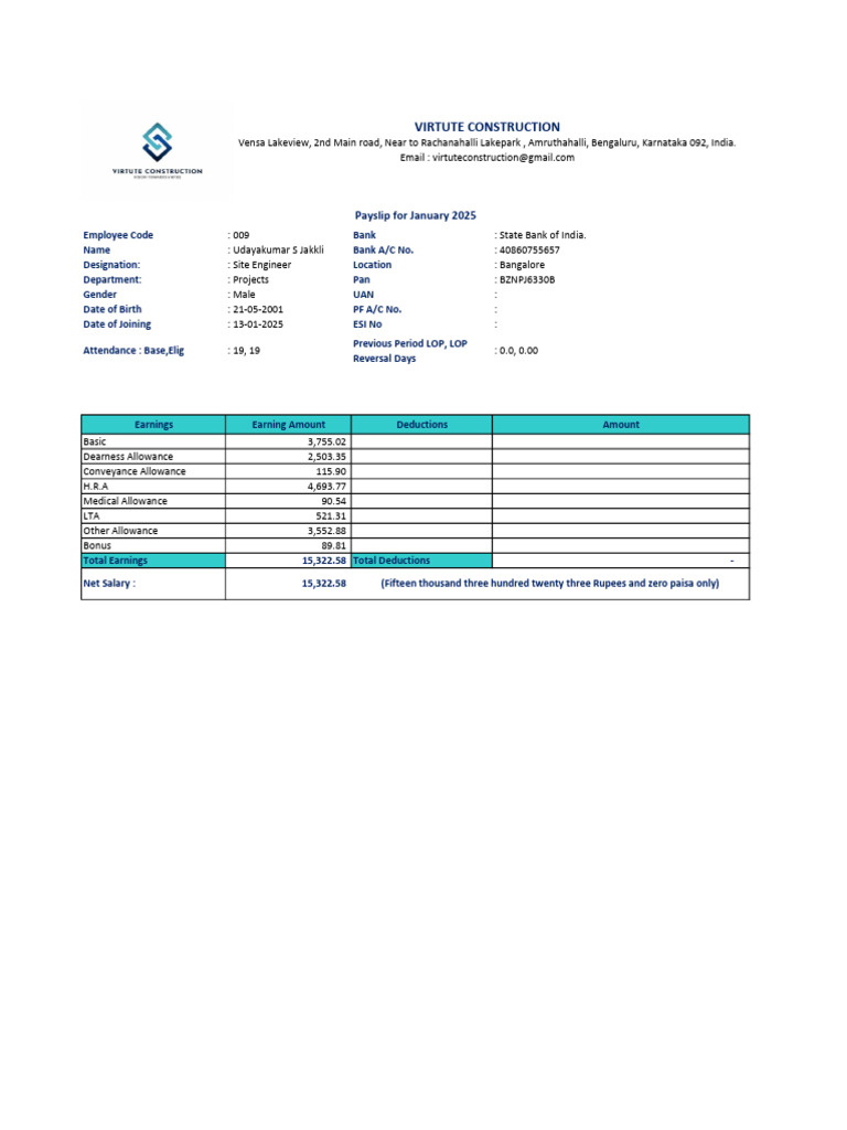 Uday Kumar Jan 25 Payslip | PDF