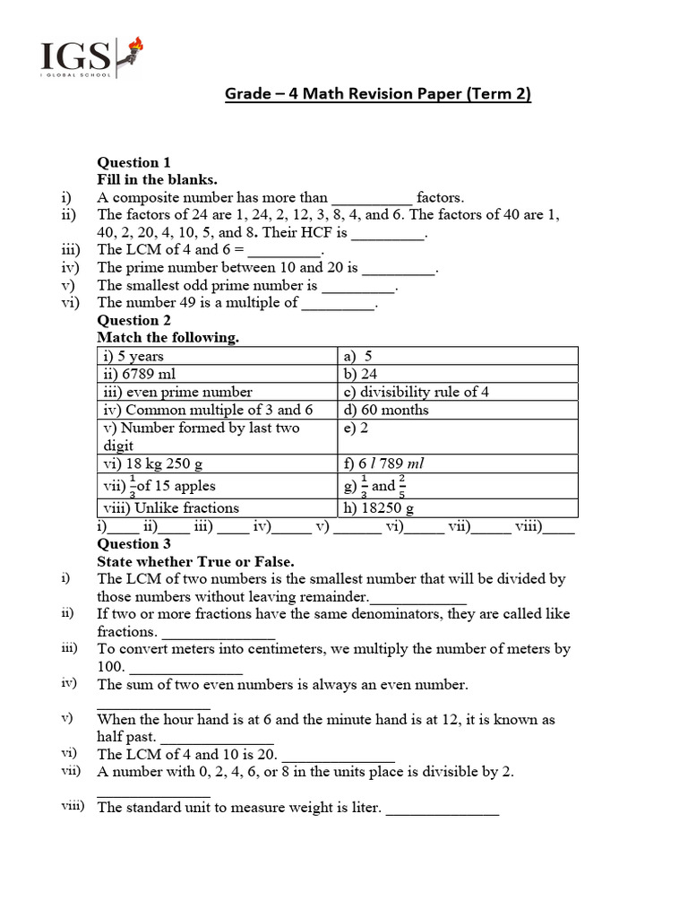 MathRevisionPapergrade4_20250317140105 | PDF | Arithmetic | Mathematics