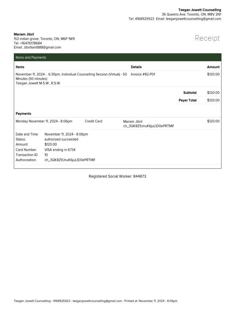 Teegan Jowett Counselling Invoice | PDF
