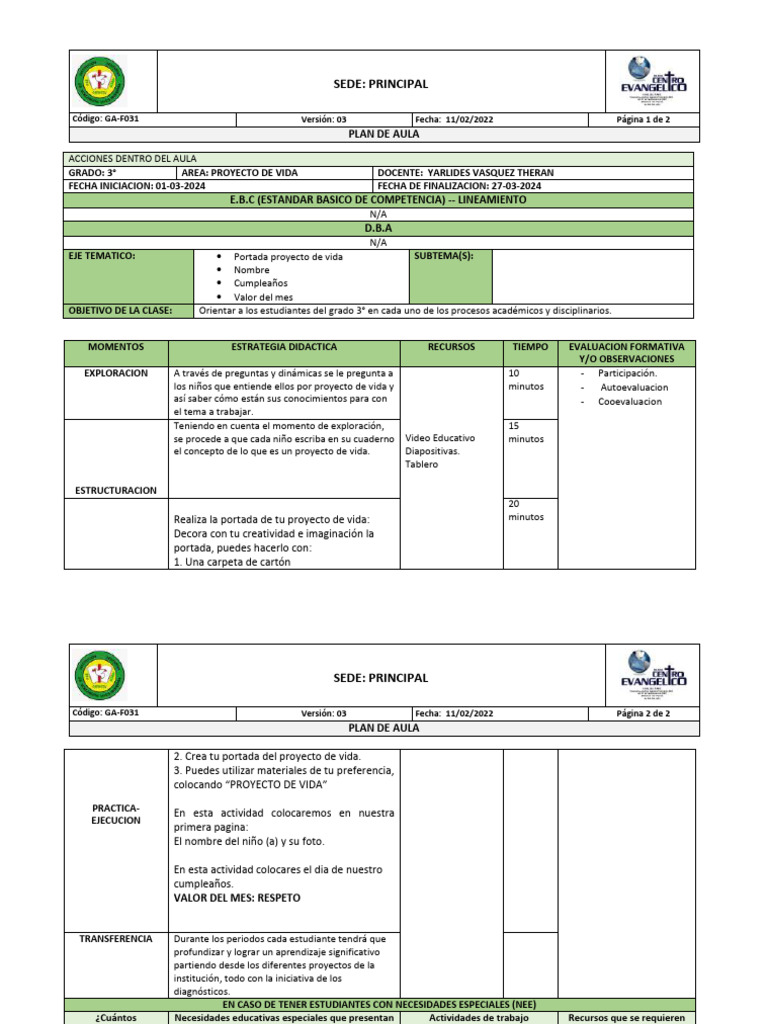 3° Plan de Clases Proyecto de Vida Marzo | PDF | Enseñando | Modificación de comportamiento