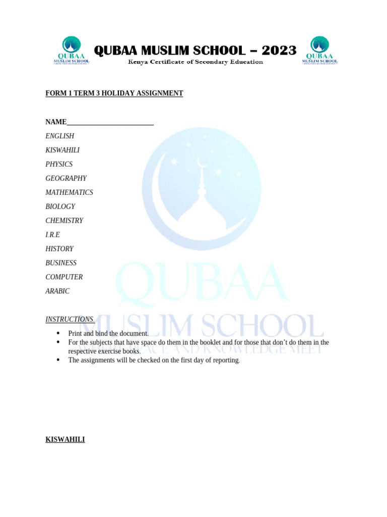 Updated Form One Holiday Assignment | PDF | Spreadsheet | Computer Monitor