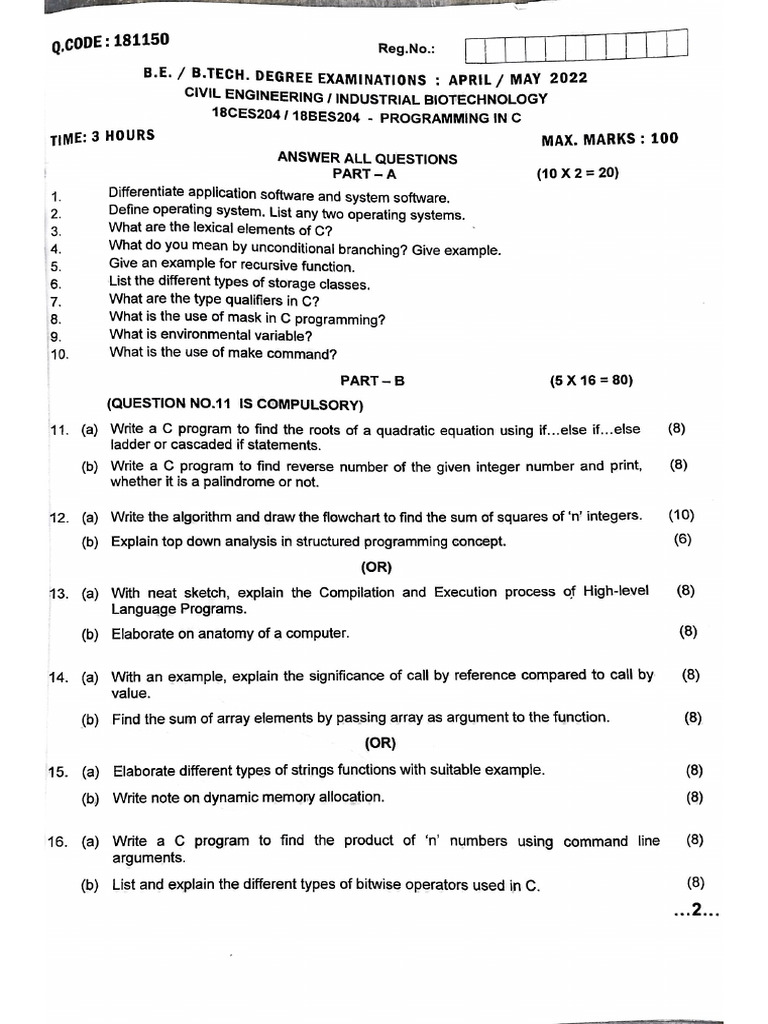 Reg18 Programming in C Apr-May2022 | PDF