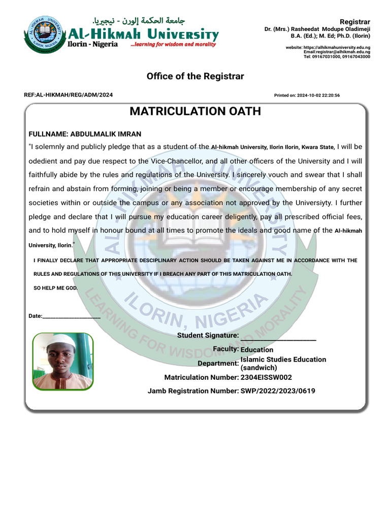 Matriculation Oath - Abdulmalik Imran - Al-Hikmah University, Ilorinr ...