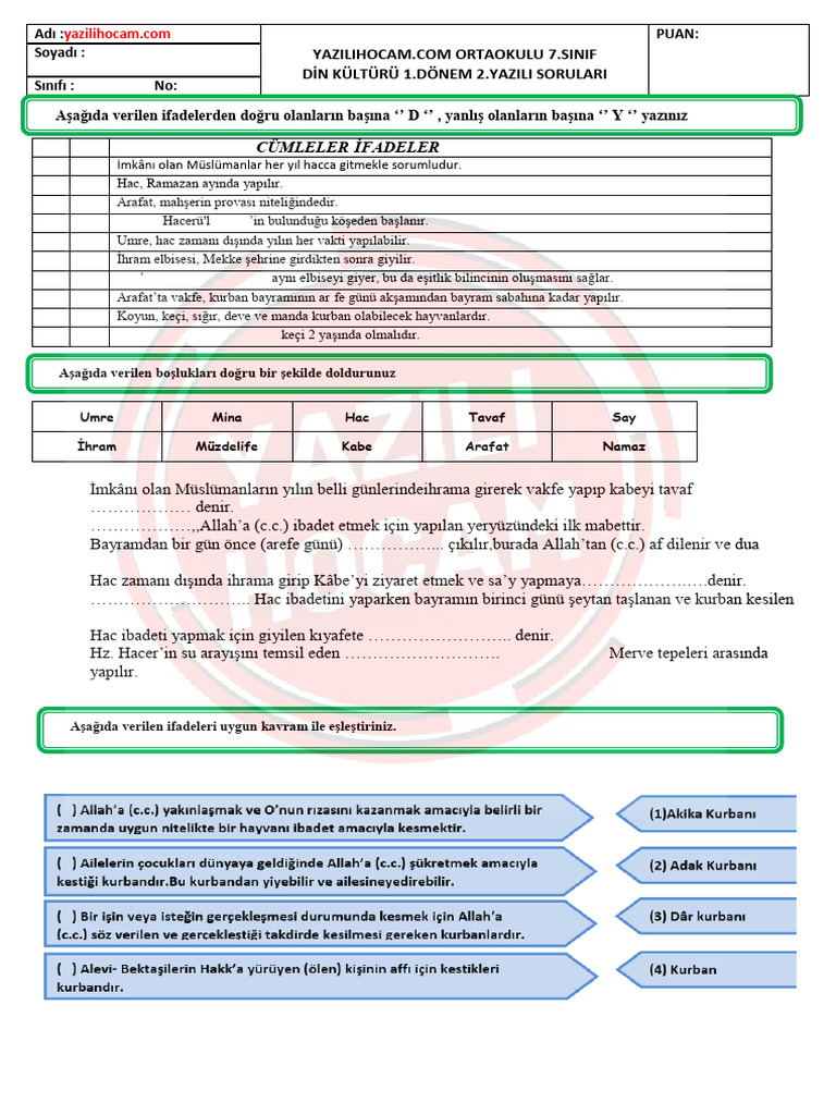 7.sinif Di̇n 1.dönem 2.yazili Sorulari - 1 | PDF