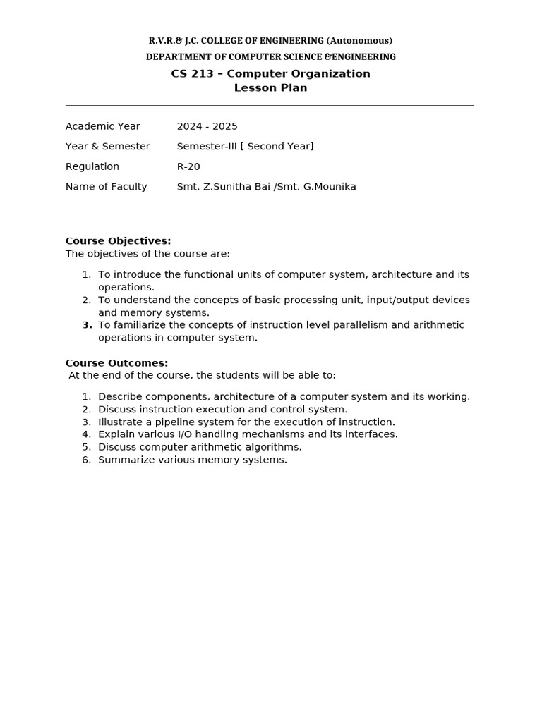 CO Lesson Plan 2024-2025 -revised | PDF | Input/Output | Integrated Circuit