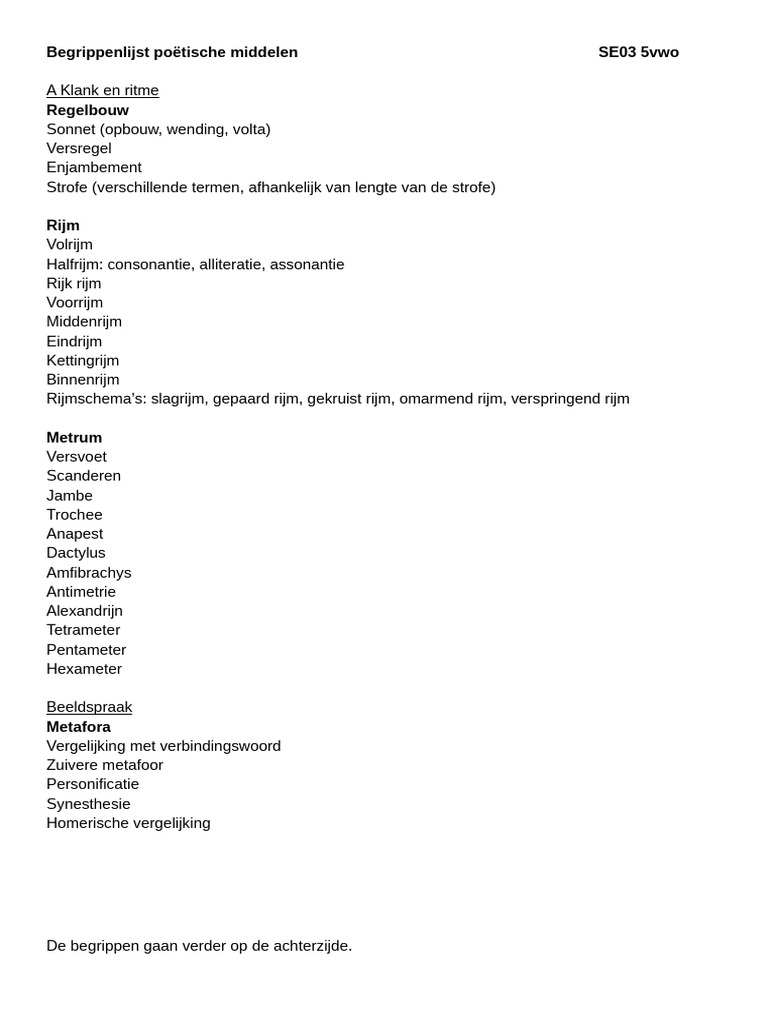 Begrippenlijst Poezie SE03 5vwo | PDF