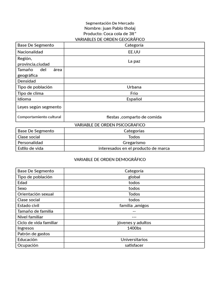 Segmentación de Mercado Coca-Cola | PDF | Bolivia