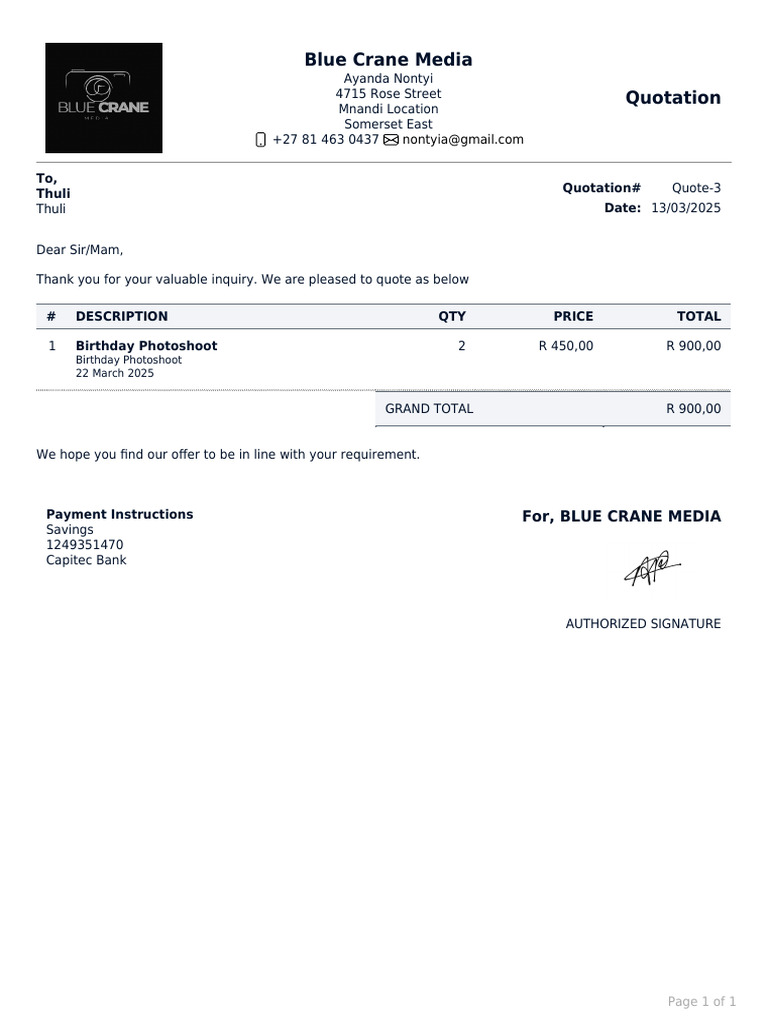Blue Crane Media Quotation: To, Thuli Quotation# Date: 13/03/2025 | PDF