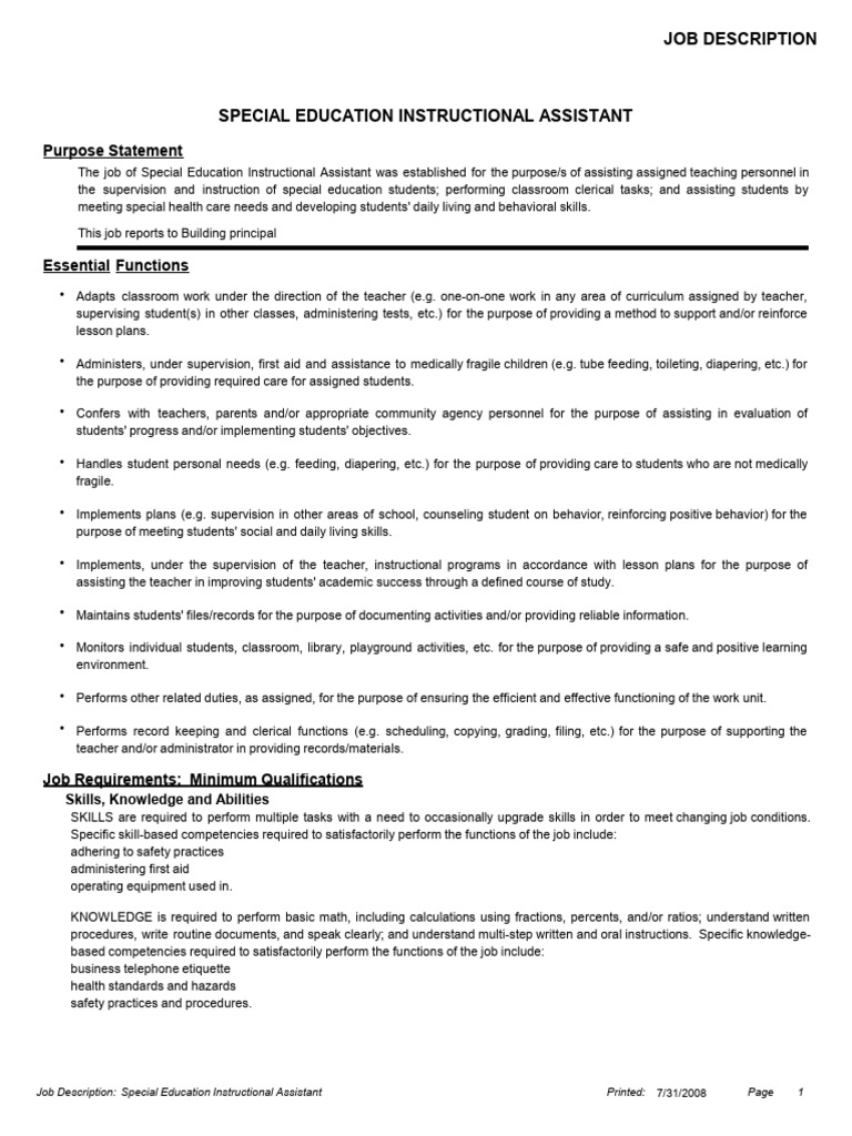 Special Education Assistant Job Overview | PDF | Teachers | Lesson Plan
