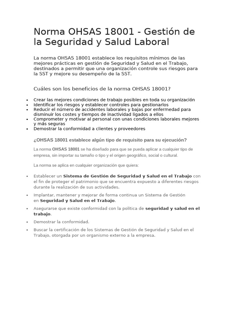 OHSAS 18001: Gestión de Seguridad Laboral | PDF