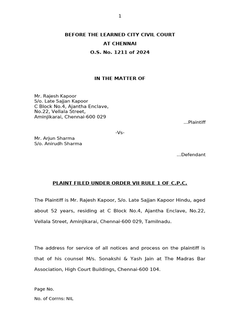 Plaint - Specific Performance Suit | PDF | Lawsuit | Legal Remedy