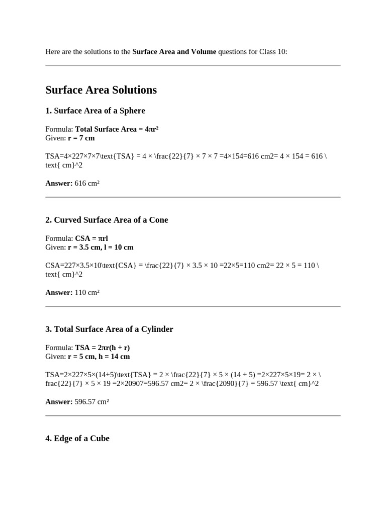Here are the solutions to the Surface Area and Volume questions for ...
