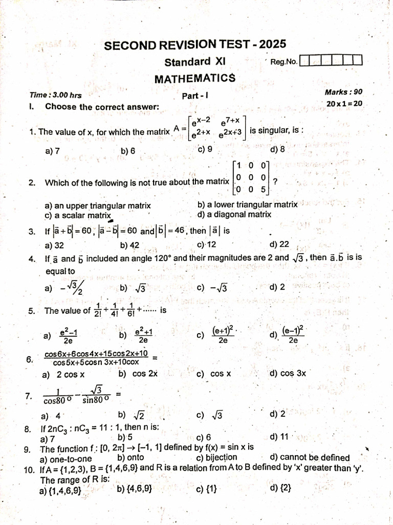 11th Maths EM 2nd Revision Test 2025 Question Paper With Answer Key ...